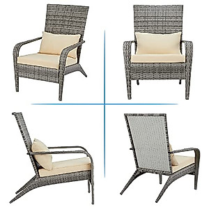 AECOJOY 2 Pieces Patio Adirondack Wicker Chair,PE Rattan Wicker Patio Dining Chair Set of 2, Grey Wicker Beige Cushion and Pillow for Garden, Backyard, Porch