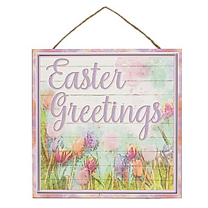 Pastel Tulips Easter Greetings Sign - 10" x 10", Wreath, Swag, Garland, Home, Kitchen, Patio, Door, Storefront, Spring, Flowers, Church, Porch, Garden