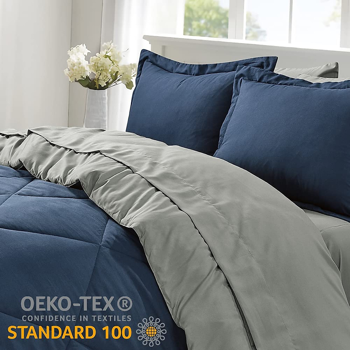 Queen Comforter Set 7 Pieces Bed in a Bag, Full/Queen Reversible Bed Set with Comforter, Flat Sheet, Fitted Sheet, Pillowcases & Shams, Navy Blue and Grey Bedding Sets for Queen Size Bed
