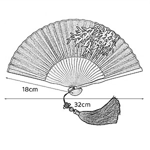 Small Black Folding Fans, Chinese Bamboo Leaf Pattern Hand Fan Folded Purse Hand Fan with Fabric Sleeve and Tassel, for Women