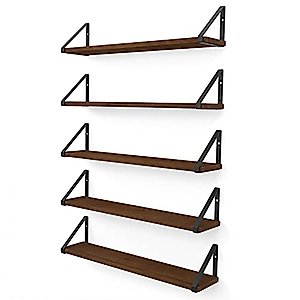 Wallniture Ponza Floating Shelves for Wall, 24" Floating Bookshelf, Wood Wall Shelves for Bedroom Decor, Walnut Set of 5