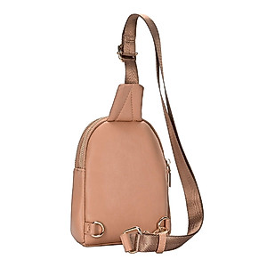 Madison West Women's Nyxx Mini Sling Purse, Sling Bag for Women, Adjustable Sling Strap, Soft Pebbled Vegan Leather, Double Zip Compartment, Caramel