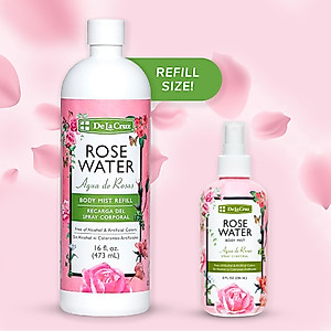 De La Cruz Rose Water Body Mist Refill- Rosewater Spray for Face, Skin and Hair 16 fl oz (1 Bottle)
