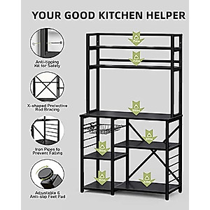 Gizoon Home Kitchen Baker's Rack with Spacious Storage, 5 Tier Versatile Microwave Stand Shelf with Basket & Side Hooks,Free Standing, Sturdy, Durable-Black