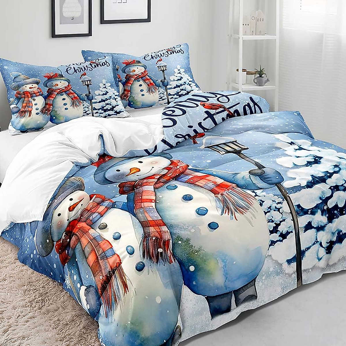 LUVIVIHOME 3PCS Snowman Duvet Cover King Bedding, Christmas Bedding, Light Blue Bedding, Boys Girls Kids Bedding, Holiday New Year Xmas Gifts Christmas Comforter Bedspread Quilt Cover, 2 Pillow Cases