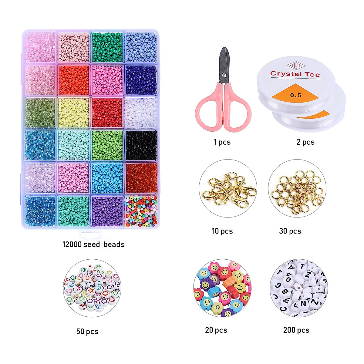 AnutriON 12000pcs 3mm Tiny Color Glass Seed Beads for Bracelets Making Kit and Smile Face Charm Beads Letter Beads for Friendship Bracelets Jewelry Making Necklaces and DIY Crafts Gifts
