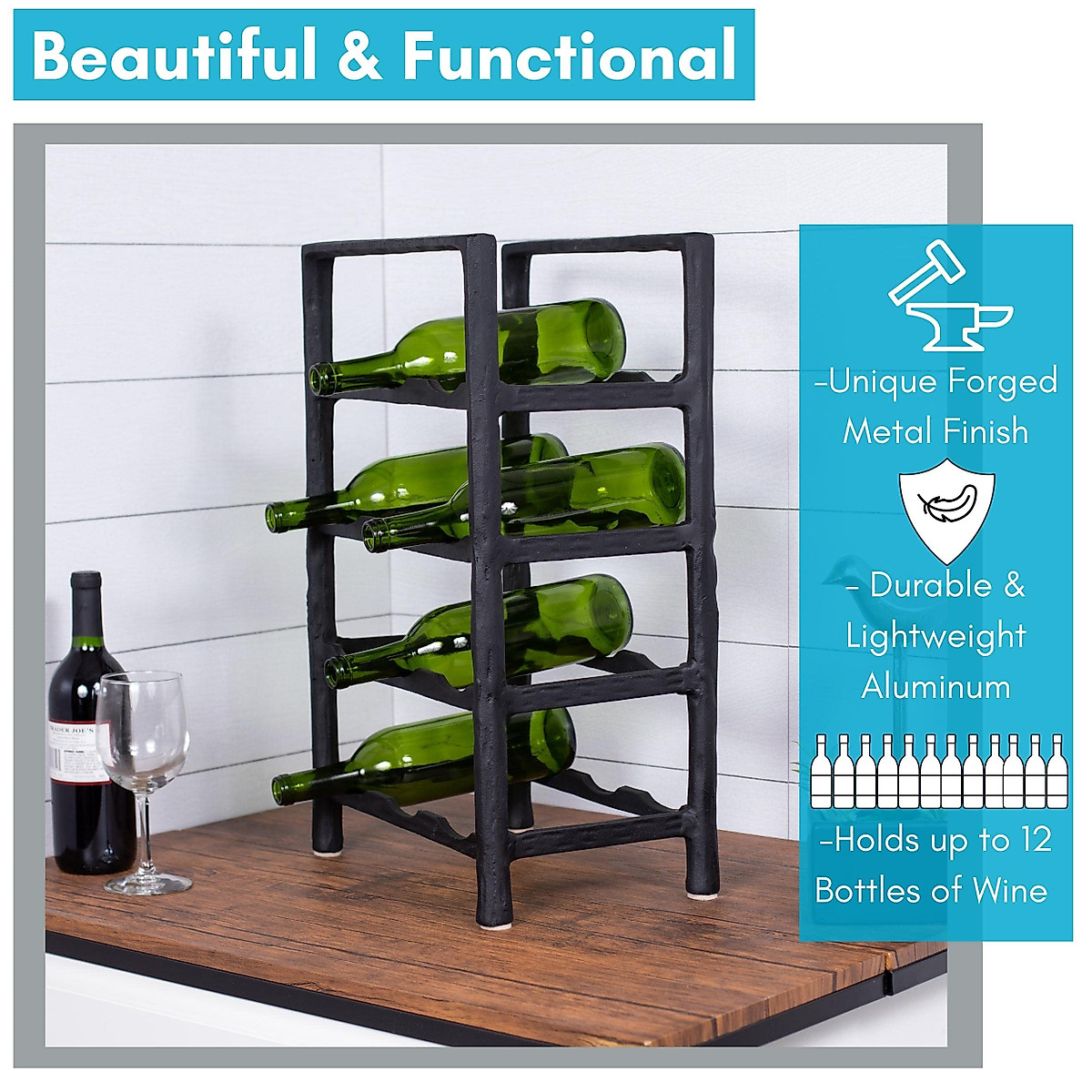 BIRDROCK HOME 12 Bottle Wine Rack - Free Standing Stand - Kitchen Countertop - Black Forged Metal - Vertical Shelf Storage Cabinet - Holder