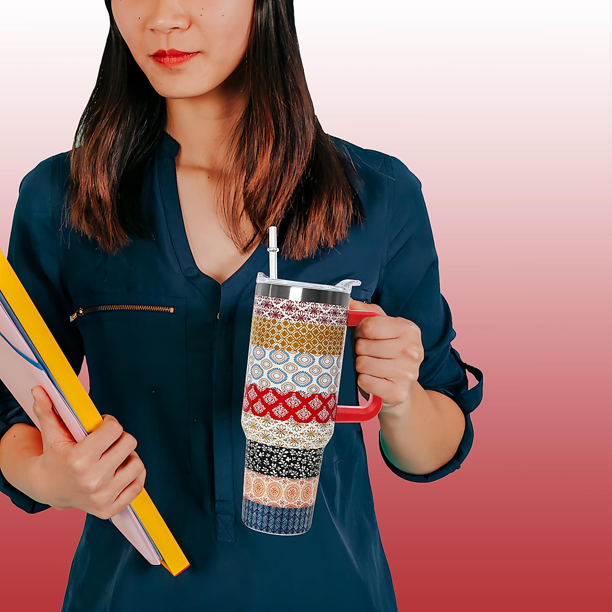 omezin 40 Oz Boho Tumbler With Handle 40oz Boho Tumbler With Lid Straw Double Insulated Travel Coffee Mug Womens Boho Cup Gifts