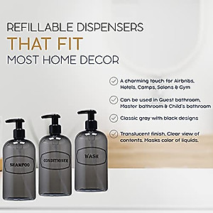 Bottiful Home-16 oz. Gray Plastic Shampoo, Conditioner, Wash, Hands, Dishes Refillable Reusable Shower & Kitchen Bottles-Black Lotion Pumps-2 Twist-on Funnels for Hands-Free Refills-Bundle