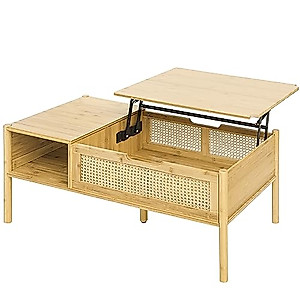 Rattan Lift Top Coffee Table, Wood Lifting Top Central Table with Hidden Compartment, 40 Inch Lift Tabletop Tea Table Cocktail Table Modern Pop up Adjustable Table for Home Living Room, Office