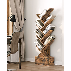 Yzosvki 9 Tier Tree Book Shelf with Drawer, Floor Standing Bookshelf Storage Organizer Bookshelves for Books/CDs, 9 Shelf Narrow Bookcase for Sturdy Room, Bedroom, Living Room, Rustic Brown