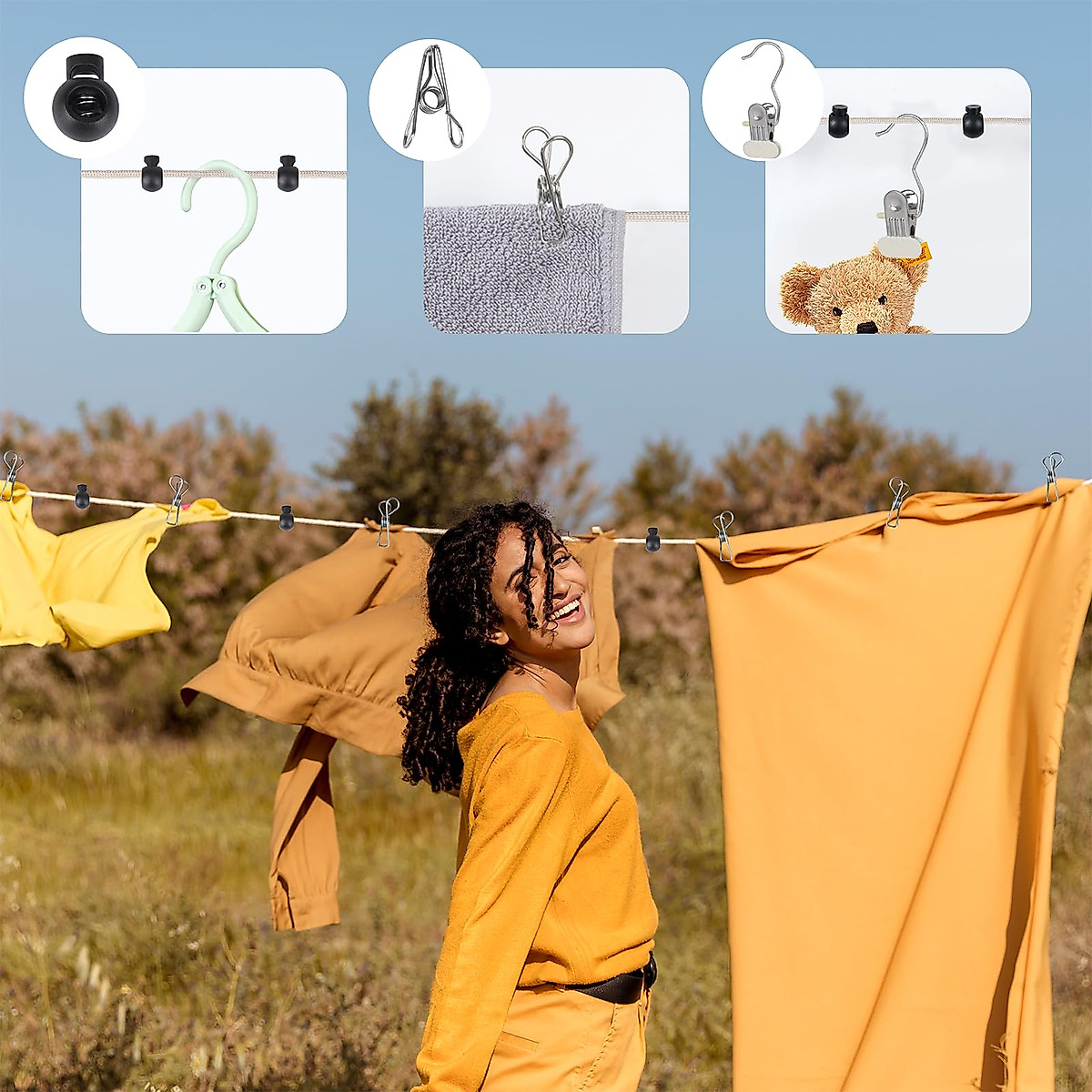 33FT Retractable Clothesline, Portable Travel Clothes Line, Adjustable Camping Drying Line with 20 Clothespins & 10 Stoppers & 4 Hanger Clips, Lightweight Laundry Line for Indooor Outdoor Travel Hotel