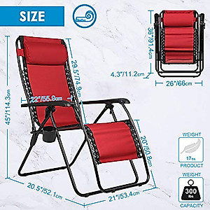 PORTAL Oversized Mesh Back Zero Gravity Reclining Patio Chairs, XL Padded Seat Folding Patio Lounge Chair with Adjustable Pillow and Cup Holder for Poolside Backyard Lawn, Support 350lbs, Red