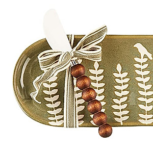 Mud Pie Painted Leaf Everything Dish Set, Green, dish 4" x 9 1/4" | spreader 6"