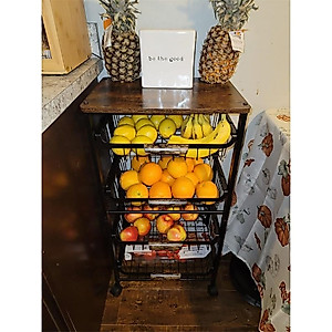 DELORM 5 Tier Vegetable Fruit Kitchen Storage Basket Cart Rack with Universal Wheel Metal Wire Basket Shelf Rolling Storage Cart, Rustic Farmhouse