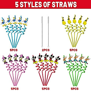 25pcs Mouse Straws Mouse Party Supplies Favors With 2pcs Cleaning Brush Plastic Reusable Straws Birthday Party Supplies Gifts For Boys Girls Kids