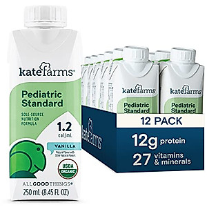 Kate Farms Pediatric Standard 1.2 Formula, Sole Source Nutrition, Nutritional Supplement Drinks, Feeding Tube Meals, Protein Shakes for Kids (Vanilla 1.2 cal/mL, Case of 12)