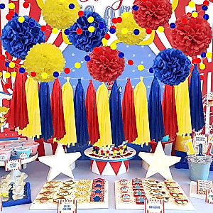 InBy Carnival 26pcs Red Blue Yellow Party Decorations Kit for Birthday Wedding Bachelorette Bridal Baby Shower Party Decor - 12" 10" 8" Tissue Flower Paper Pom Pom, Paper Tassel, Circle Dot Garland