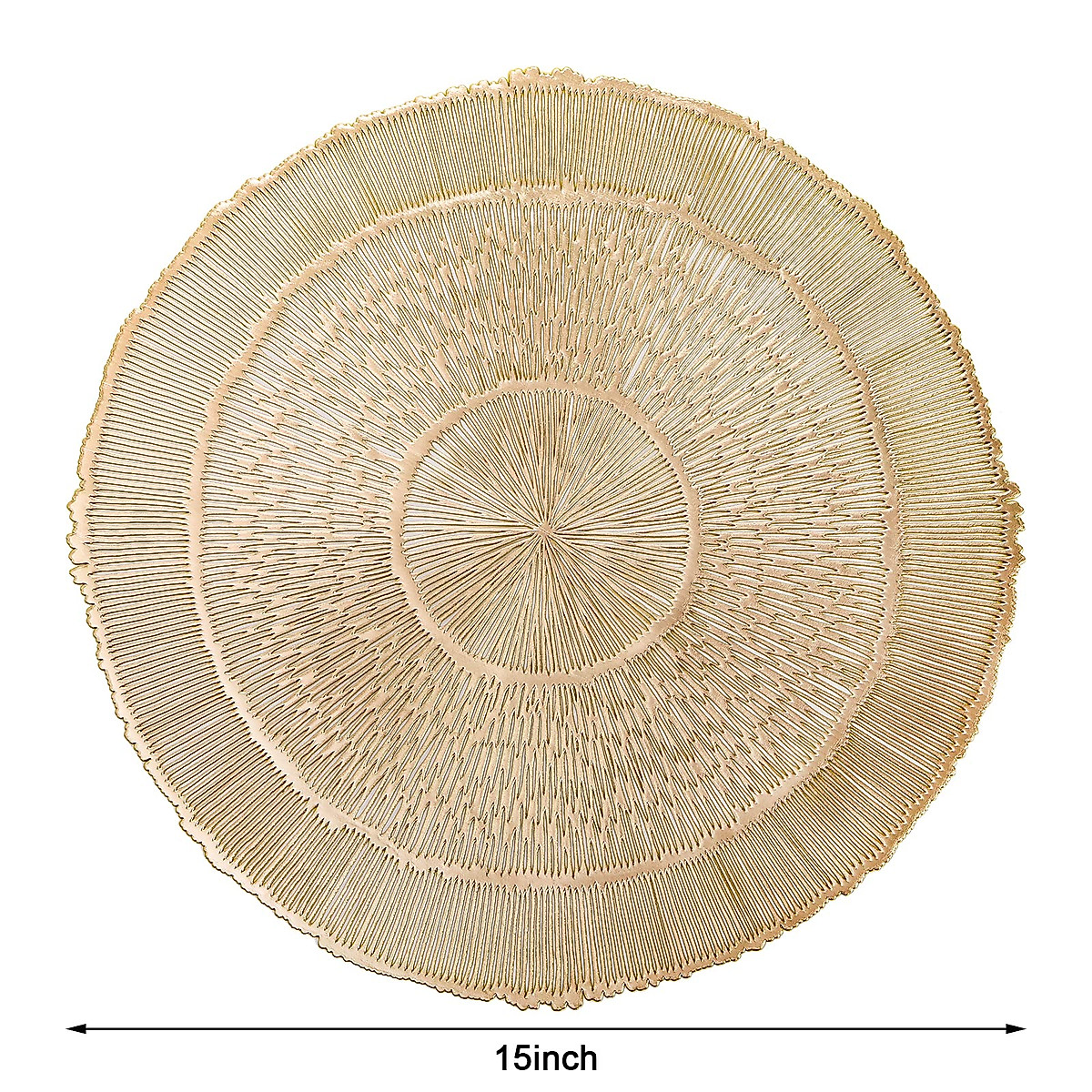 Yarlung 12 Pack Round Pressed Vinyl Placemats, 15 Inch Non-Slip Metallic Gold Table Decor Mat Hollow Out Laminated Place Mats for Christmas Decor, Wedding Accent, Table Centerpiece