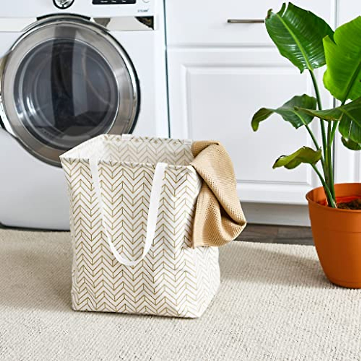 Household Essentials Krush Rectangular Laundry Bag with Handles, Tan Chevron Large
