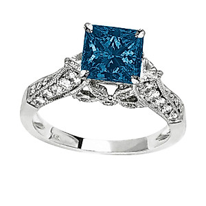 Houston Diamond District 1.88 Carat t.w 14K White Gold Trillian And Round Engagment Ring w/a 1 Carat Princess Cut Blue (Heirloom Quality)