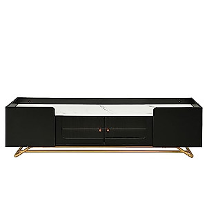 WADRI TV Stand with Fluted Glass, Faux Marble Top Console Table with Gold Frame Base for Living Room, Contemporary Entertainment Center for Television Up to 65" (Black + Particle Board-035)