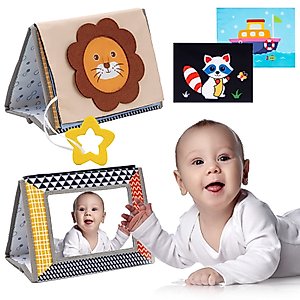 AUKZON Tummy Time Mirror Toys, Baby Toys 0 3 6 9 Months with Crinkle Book, Teethers, Black and White High Contrast Infant Toys, Montessori Sensory Toys Brain Development for Newborn