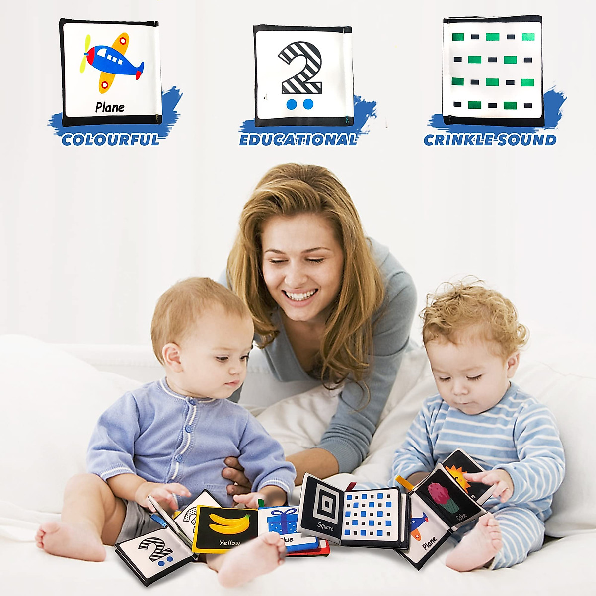 AMINFUN Soft Cloth Baby Book Toy,White Black Fabric Baby Learning Book(Pack of 4),Touch and Feel Crinkle Sound,Early Educational Toy,Gift for Babies Infants Toddlers