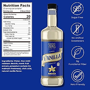 ChocZero Sugar Free Vanilla Syrup for Coffee - Keto Flavoring Syrups - Low Calorie Simple Syrup for Flavored Drinks (26.5 ounce bottle/750ml)