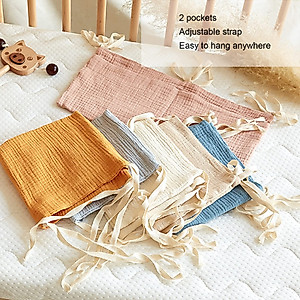 Baby Bed Hanging Bag, 2 Pockets Bag with Strap Infant Bedside Storage Bag for Toy Nursing Stuff (Khaki)