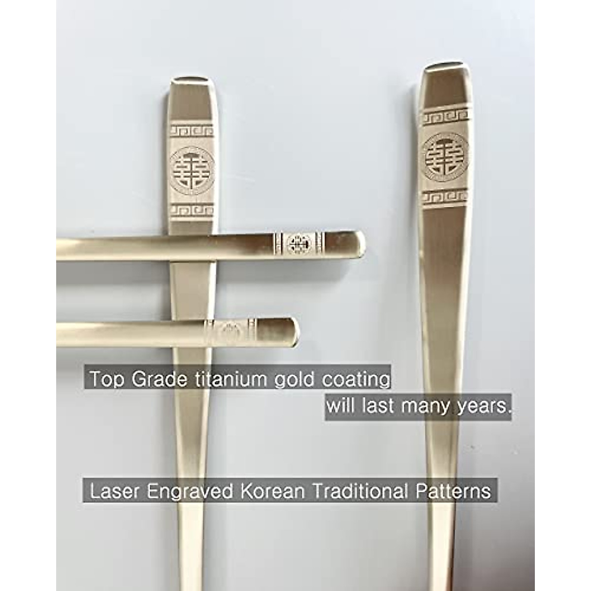 cozymomdeco Korean Made Traditional Pattern Engraved Chopsticks Spoon Set 18-10 Stainless Steel Gold Color 2SET