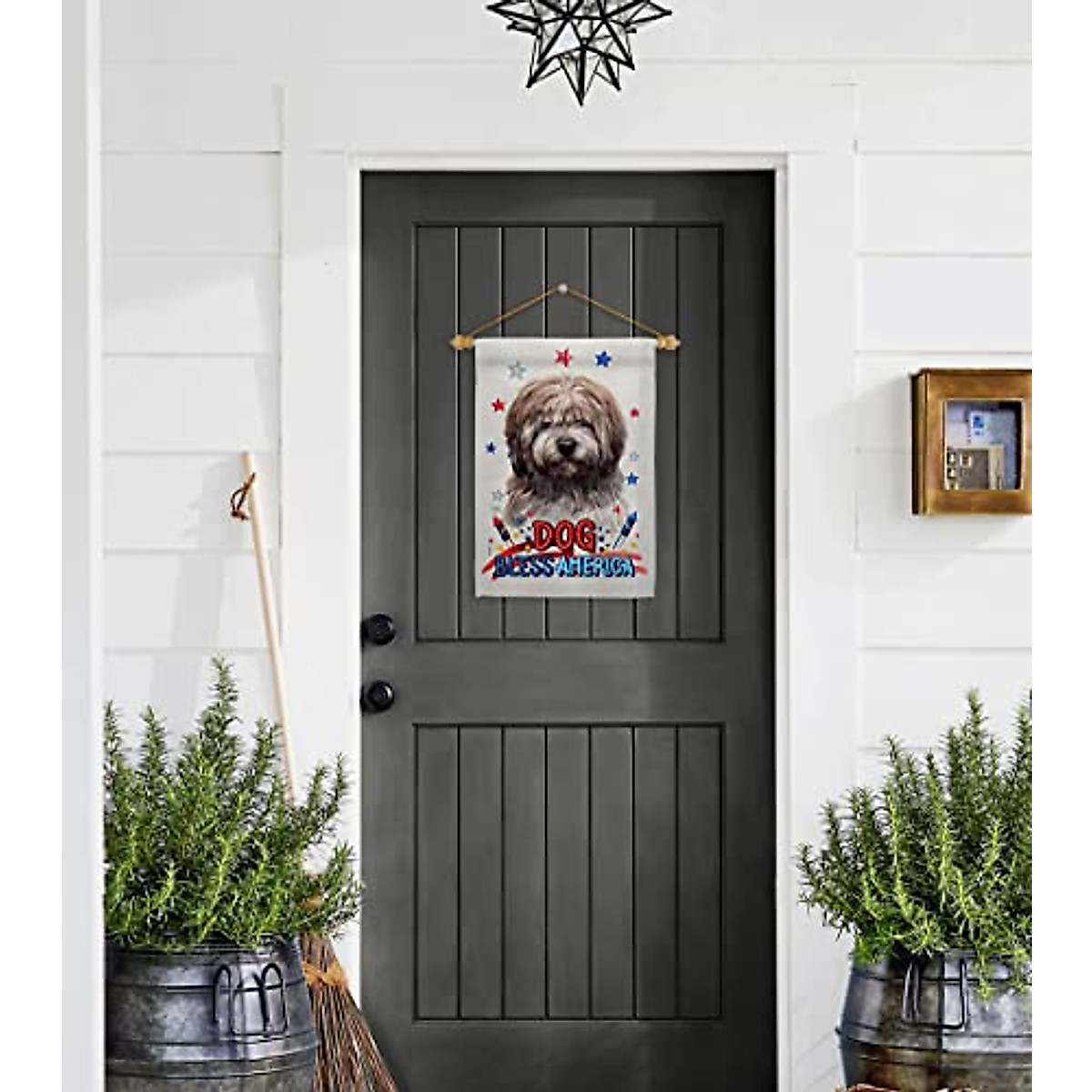 Breeze Decor Patriotic Brindle Tibetan Terrier Garden Flag-Set Wood Dowel Dog Puppy Spoiled Paw Canine Fur Pet Nature Farm Animal Creature House Banner Small Yard Gift Double-Sided, Made in USA