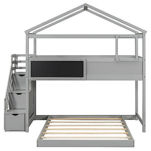 MERITLINE Bunk Bed Twin Over Full with Storage Staircase and Blackboard,Wooden House Bunk Beds Frame for Kids, Boys,Girls, No Box Spring Needed(Gray)