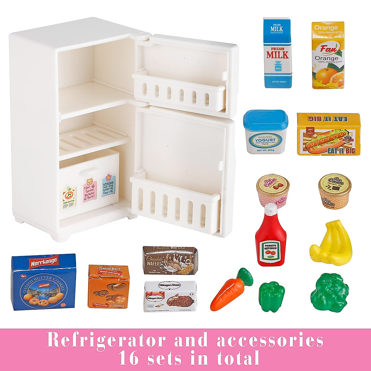 BBnote 16 Pieces Toy Refrigerator, Miniature Dollhouse Accessories for Kids Kitchen, Mini Dollhouse Fridge Pretend Play Appliance for Kids (Refrigerator)