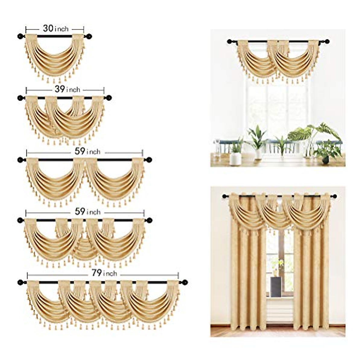ELKCA Thick Chenille Waterfall Swag Valances for Living Room Gold Valance Window Curtains for Kitchen,Pack of 2 (Gold, 30" W x 22" L)