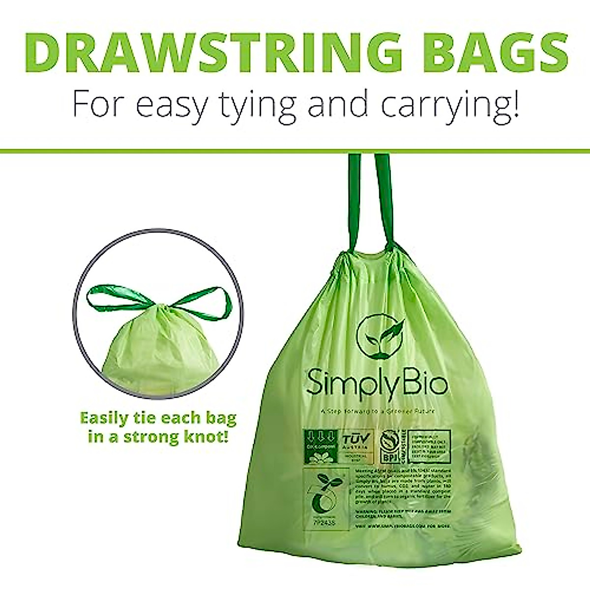 Simply Bio 3 Gallon Compostable Trash Bag with Drawstring, Heavy Duty Extra Thick 1 Mil, 50 Count, 11.36 Liter, Small Kitchen Food Scrap Trash Bags, ASTM D6400, US BPI and Europe OK Compost Certified