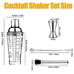 4 Pcs Glass Cocktail Shaker, 14 oz Martini Glass Shaker Cup, with Measuring Jigger Mixing Spoon Muddler,for Kitchens, Bars, Coffee Shops, Hotels, Clubs, Can Make Cocktails, juices ETE.