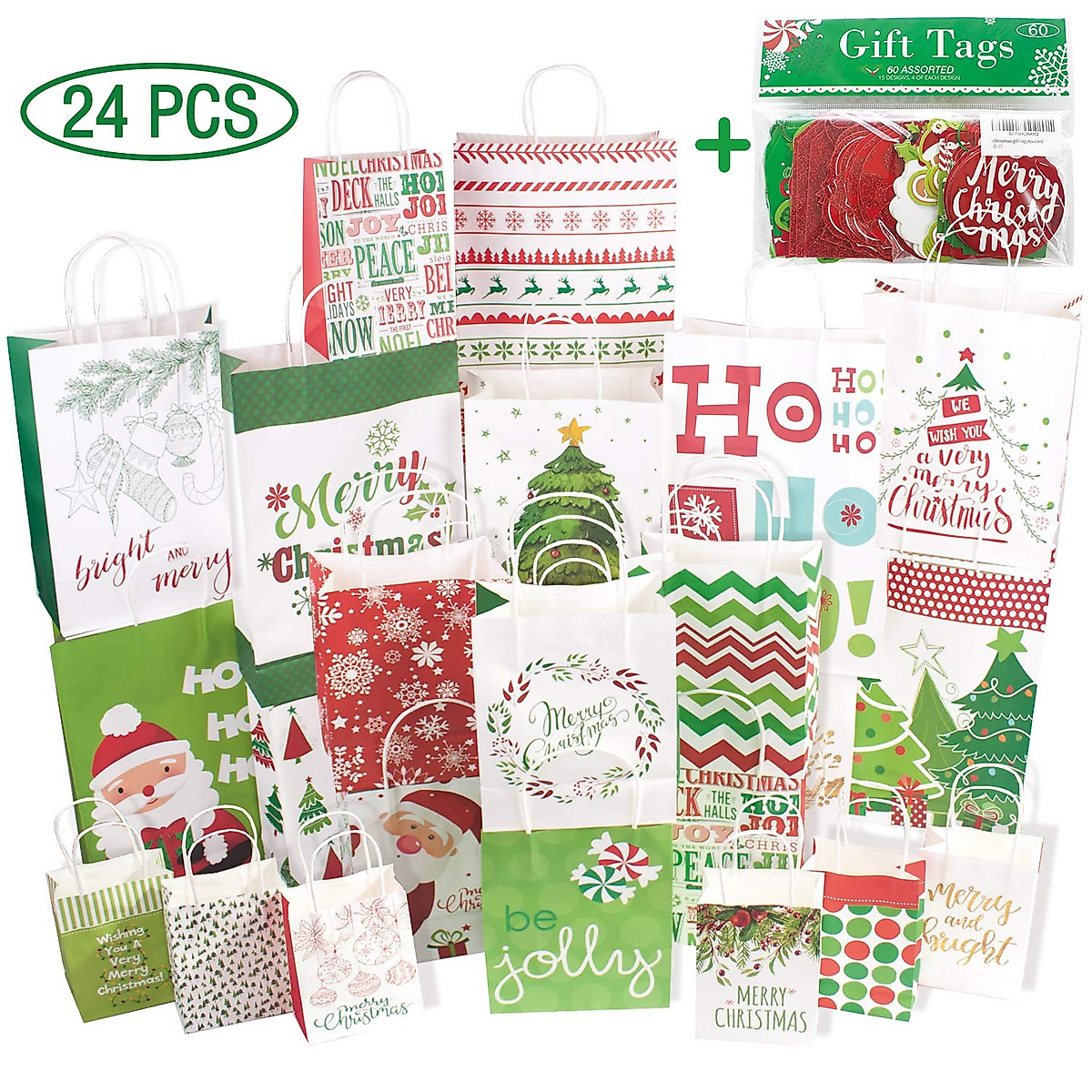 Christmas Gift Tags 60 Count with Untied String (15 Assorted Glitter, Foil, printed designs for DIY Xmas Present Wrap and Label Package Name Card)