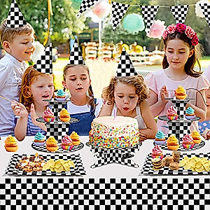 Haooryx 7Pcs Checkered Cupcake Stand Set, 2 Black White Checkered 3-Tier Cupcake Tower Cardboard Dessert Holder 1 Round Cake Stand Platters 4 Rectangle Serving Tray for Theme Birthday Party Supplies