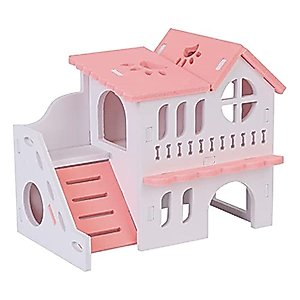 UKCOCO Wooden Hamster House, Small Animal Hideout Castle Double Deck Villa with Climbing Ladder Slide for Hamsters, Mice, Gerbils