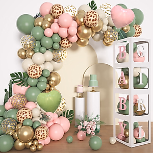 Amandir Baby Boxes Sage Green Baby Shower Decorations for Girl, Pink Gold Sage Green Balloon Arch Baby Blocks Letters Animal Jungle Safari Balloons Gender Reveal Two Wild One Birthday Party Supplies