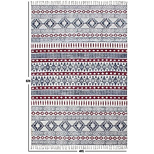Casavani Hand Block Printed Cotton Dhurrie Geometric Red & Black Area Rug Doormat Floor Rug Indoor Area Rugs for Bedroom Living Room Laundry Room 3x5 Feet