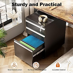 3 Drawer File Cabinet - Locking Filing Cabinet, Rolling Small Metal File Cabinets with Wheels, Under Desk storage for A4, Letter, Legal Pre-Assembled Home Office Mobile File Cabinet - Black