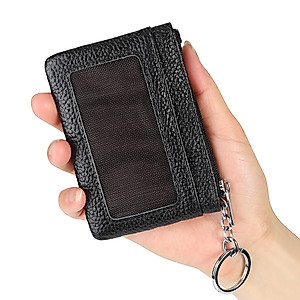 Women Genuine Leather Keychain Zipper Change Wallet Small Mini Pocket Size Coin Purse, Black