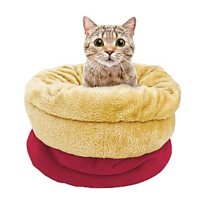 GOOPAWS 4 in 1 Self Warming Burrow Cat Bed, Pet Hideway Sleeping Cuddle Cave (Burgundy)
