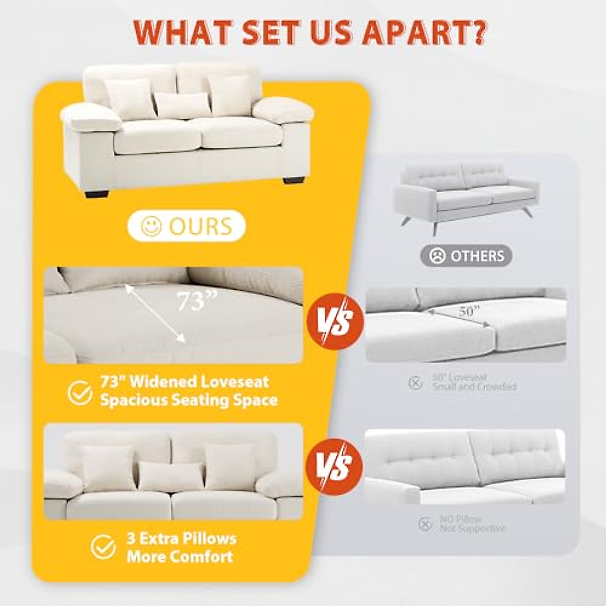 Loveseat Sofa Couch 73", Chenille Love Seat Couch Sofa with Removable Back Seat Cushions, Upholstered Living Room Sofa with 2 Throw Pillows 1 Lumbar Pillow, Sofa for Small Space Apartment Lounge-Beige