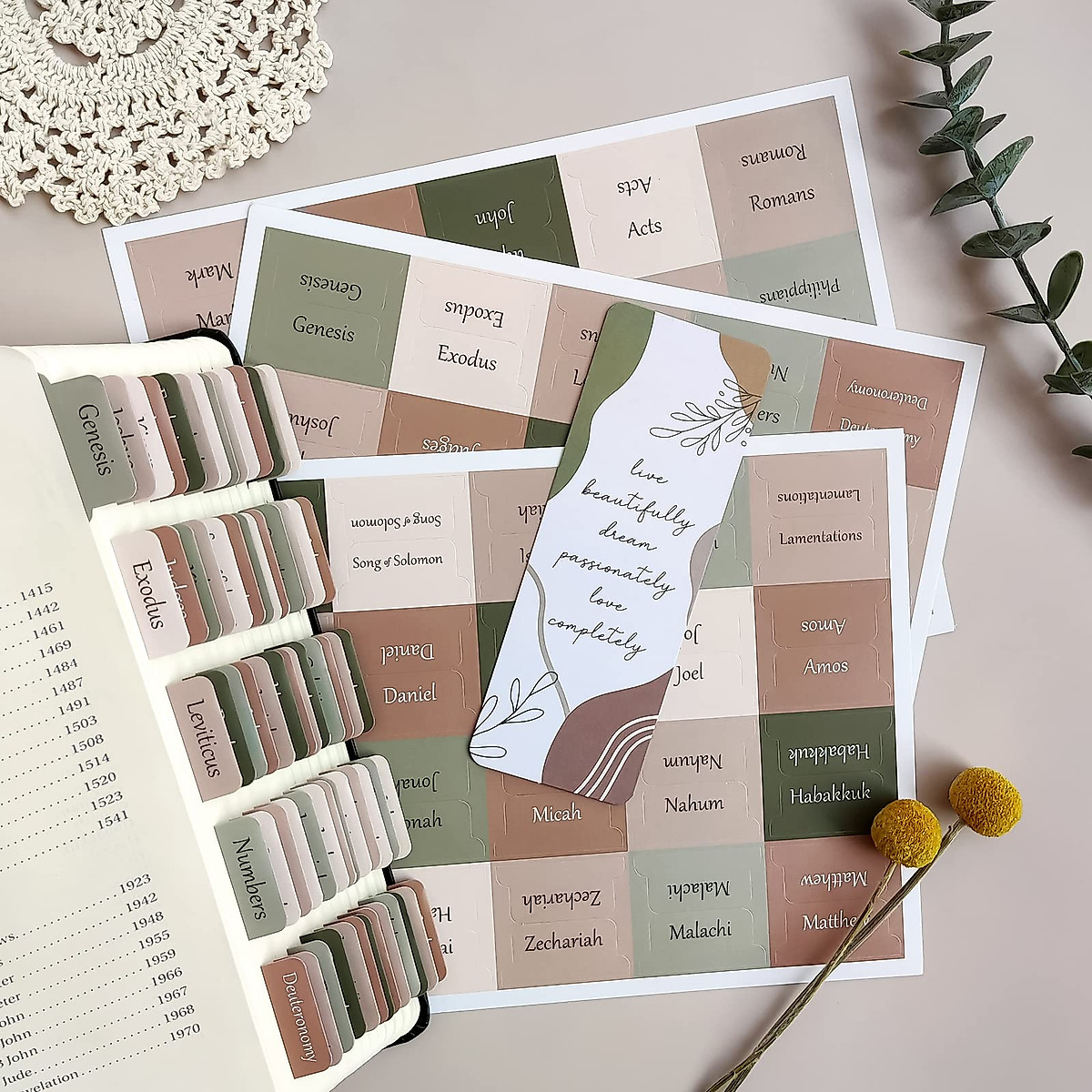 ZIEYOMI Bible Tabs, Bible Study Journaling Supplies, Large Print Bible Book Tabs for Women and Men, 66 Bible Index Tabs Old and New Testament, Includes 14 Blank Bible Journaling Tabs - Vintage Color