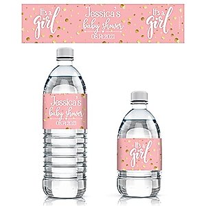 Personalized Pink and Gold It’s a Girl Baby Shower Water Bottle Labels - 24 Stickers