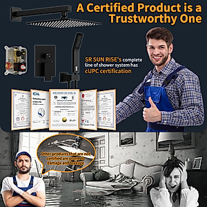 SR SUN RISE 12 Inches Matte Black Shower System 12 Inch Brass Bathroom Luxury Rain Mixer Shower Combo Set Wall Mounted Rainfall Shower Head System Shower Faucet Rough-in Valve Body and Trim Included