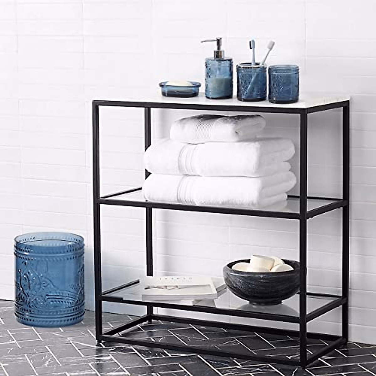 5PCs Dark Blue Glass Bathroom Accessories Set with Decorative Pressed Pattern - Includes Hand Soap Dispenser & Tumbler & Soap Dish & Toothbrush Holder & Wastebasket